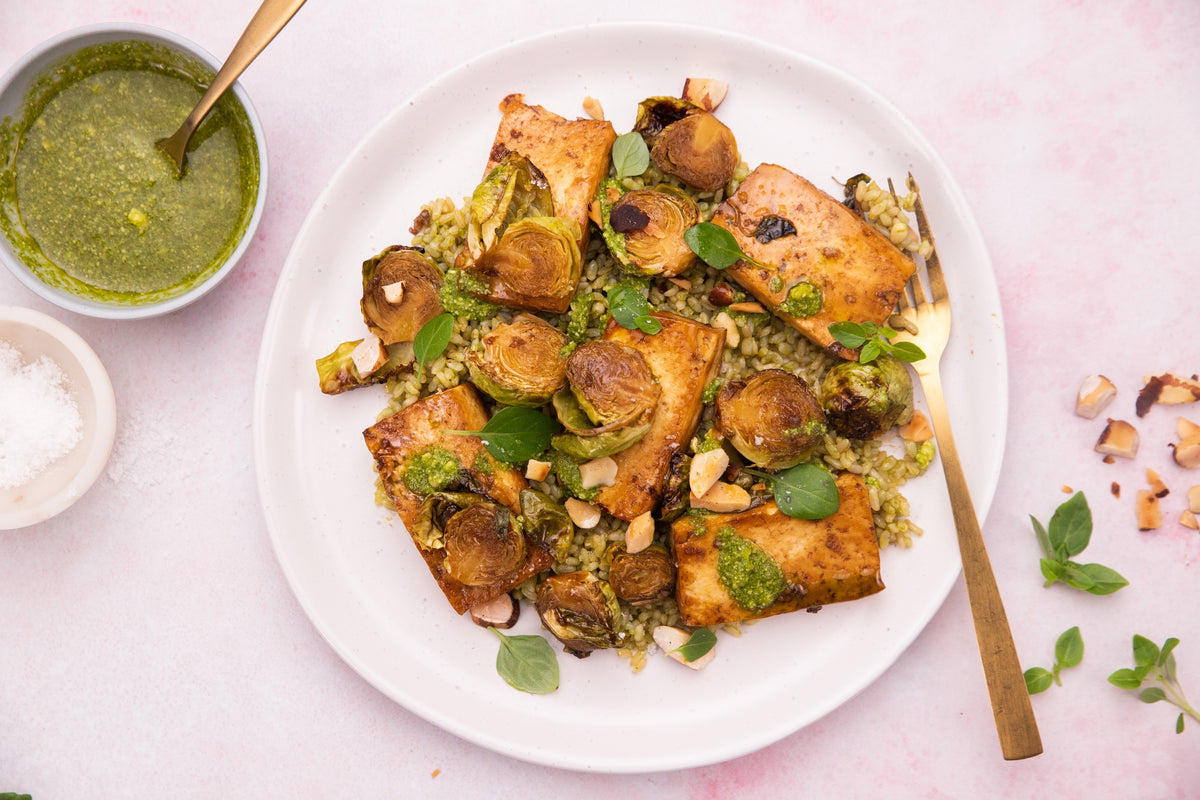 Roasted Balsamic Tofu With Brussels Sprouts | Airborne Honey